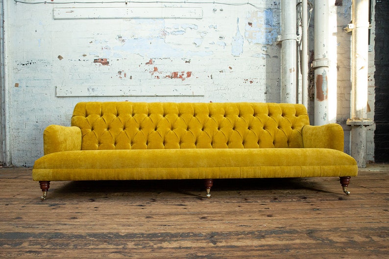 Handmade 4 Seater Mustard Velvet Fabric Chesterfield Sofa - Low Retro ...