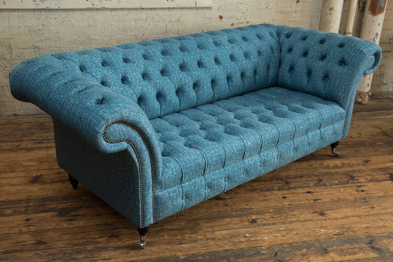 British Handmade Blue Distressed Velvet 3 Seater Chesterfield Sofa ...