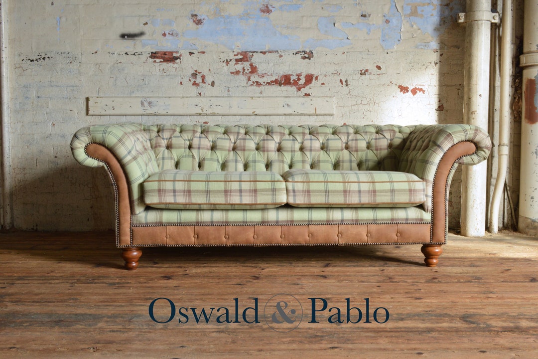 British Handmade 3 Seater Mint Green Beige Tartan Check Wool Chesterfield Sofa Distressed Tan Leather Details Etsy