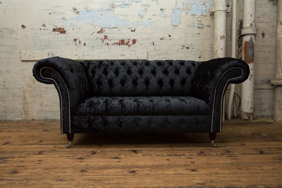 British Handmade 2 Seater Black Crushed Velvet Chesterfield Sofa Etsy