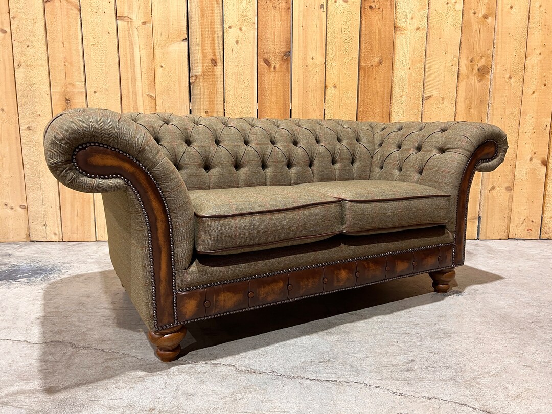 2 Seater Sage Green Tweed Fabric Chesterfield Sofa, Antique Tan Leather ...