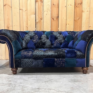 Unique British Handmade 2 Seater Navy Blue Velvet Fabric Patchwork ...