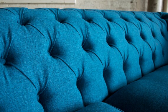3 Seater Teal Blue Herringbone Wool Chesterfield Sofa British Handmade Etsy