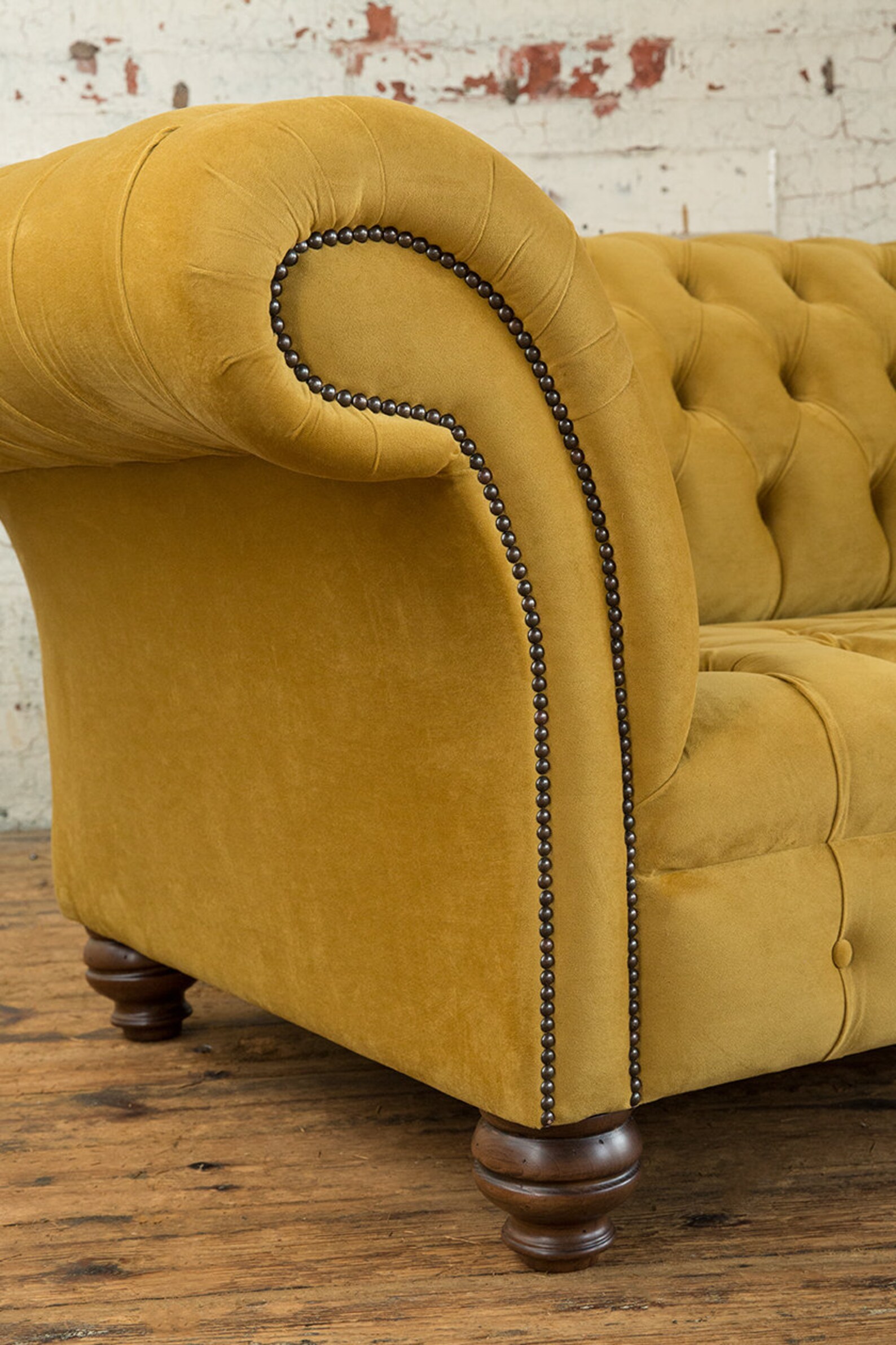 3 Seater Mustard Velvet Fabric Chesterfield Sofa, British Handmade ...