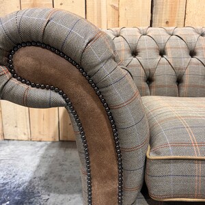3 Seater Spruce beige Tweed Chesterfield Sofa, Distressed Brown Leather ...