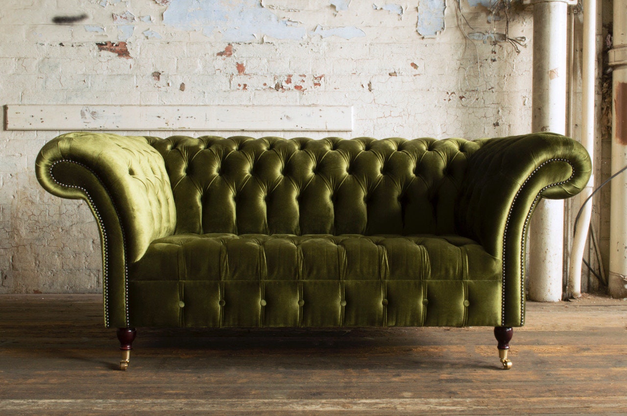 2 Seater Green Velvet Fabric Chesterfield Sofa British Handmade Etsy