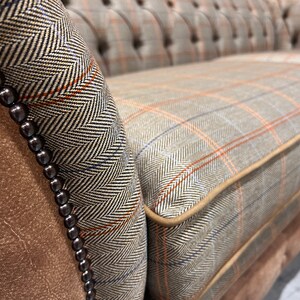 3 Seater Spruce beige Tweed Chesterfield Sofa, Distressed Brown Leather ...