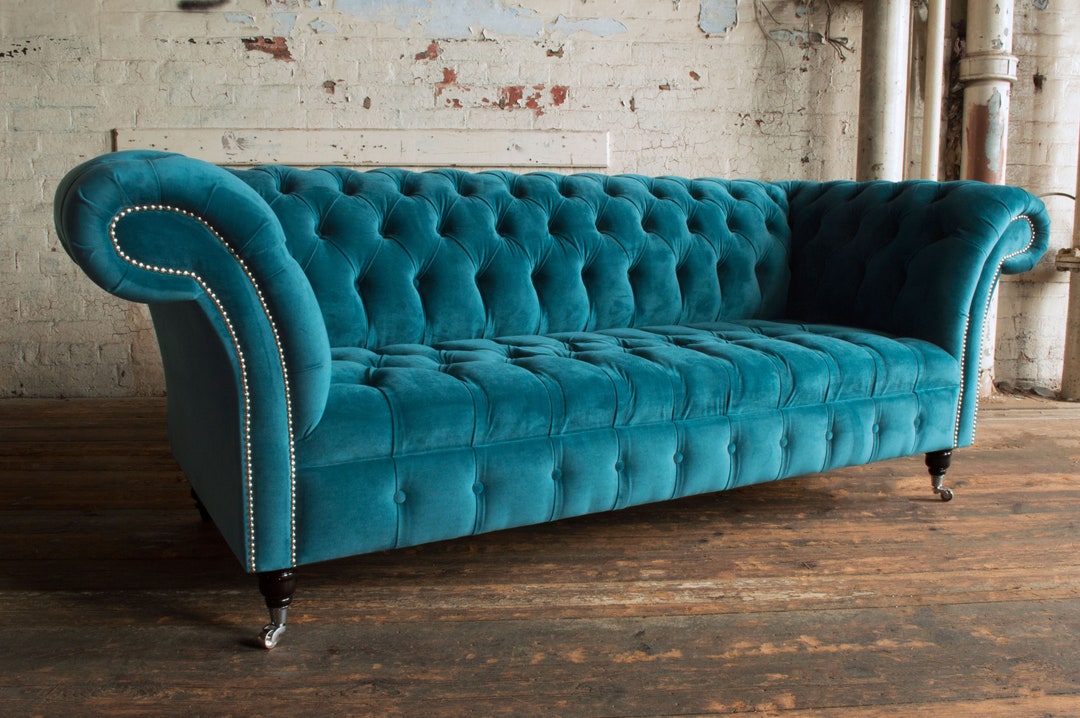 British Handmade 3 Seater Teal Velvet Fabric Chesterfield Sofa Etsy