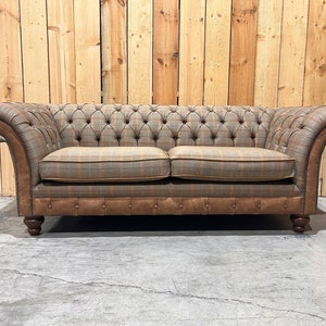 3 Seater Spruce beige Tweed Chesterfield Sofa, Distressed Brown Leather ...