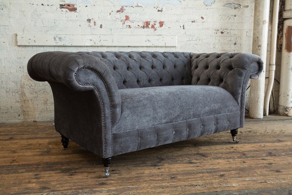 Grey suede chesterfield sofa store