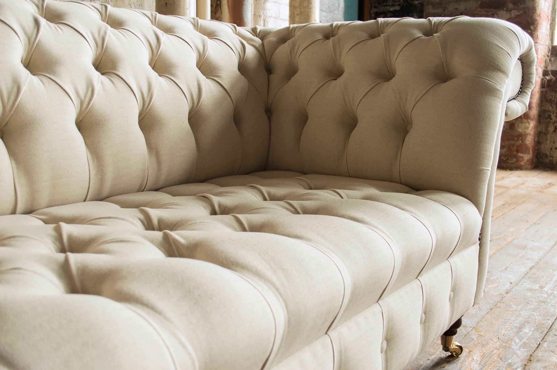 Handmade 3 Seater Cream Herringbone Wool Fabric Chesterfield Sofa Etsy