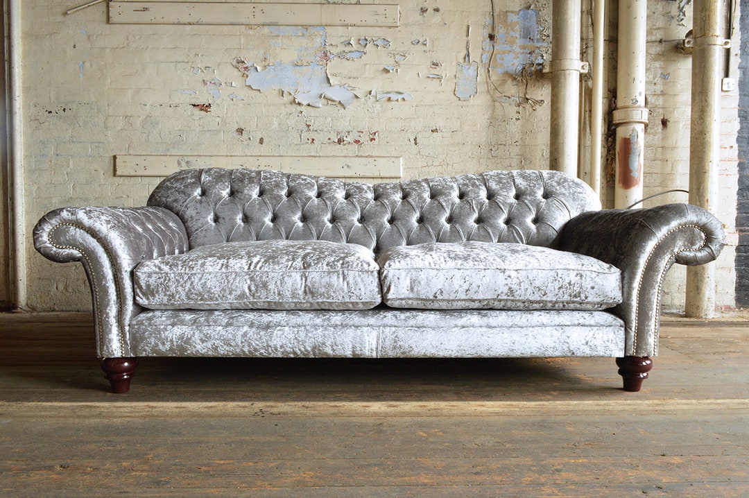 3 Seater Silver Crushed Velvet Chesterfield Sofa British Handmade Etsy