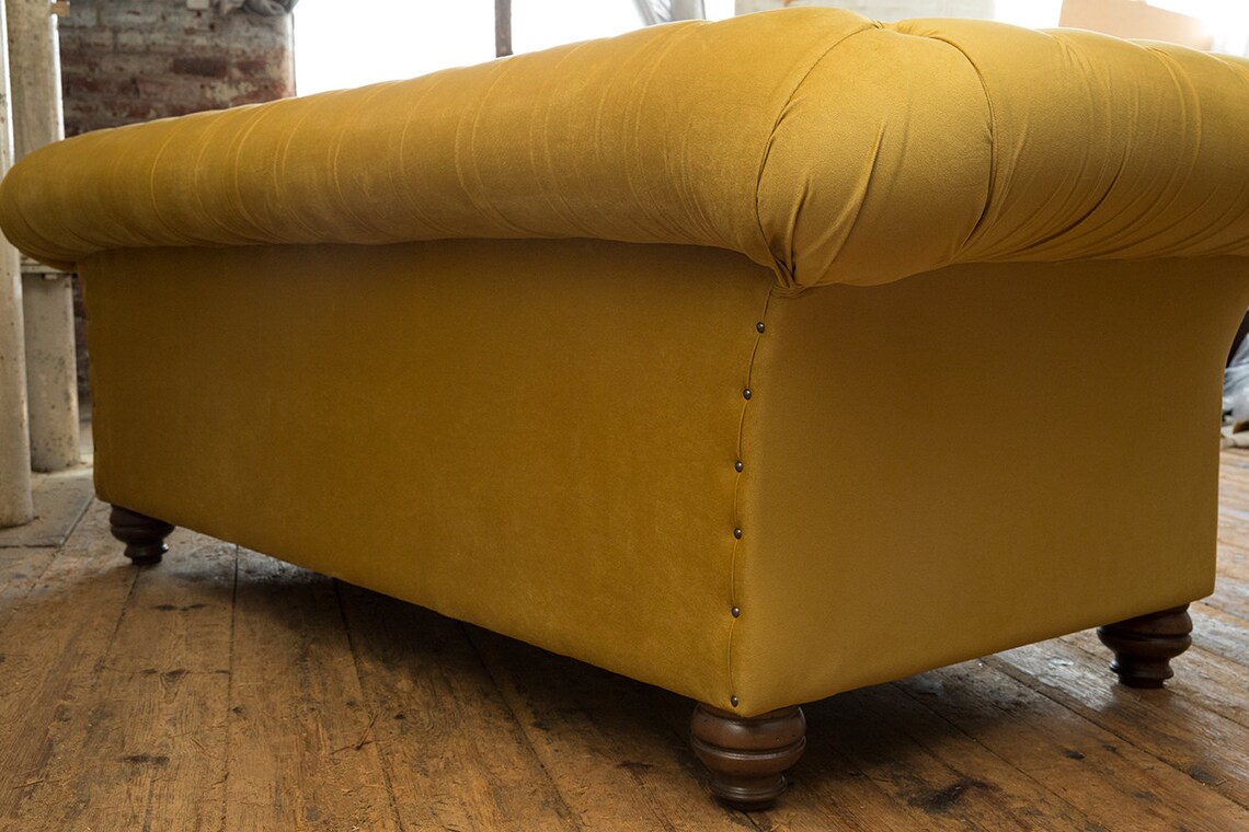 3 Seater Mustard Velvet Fabric Chesterfield Sofa, British Handmade ...
