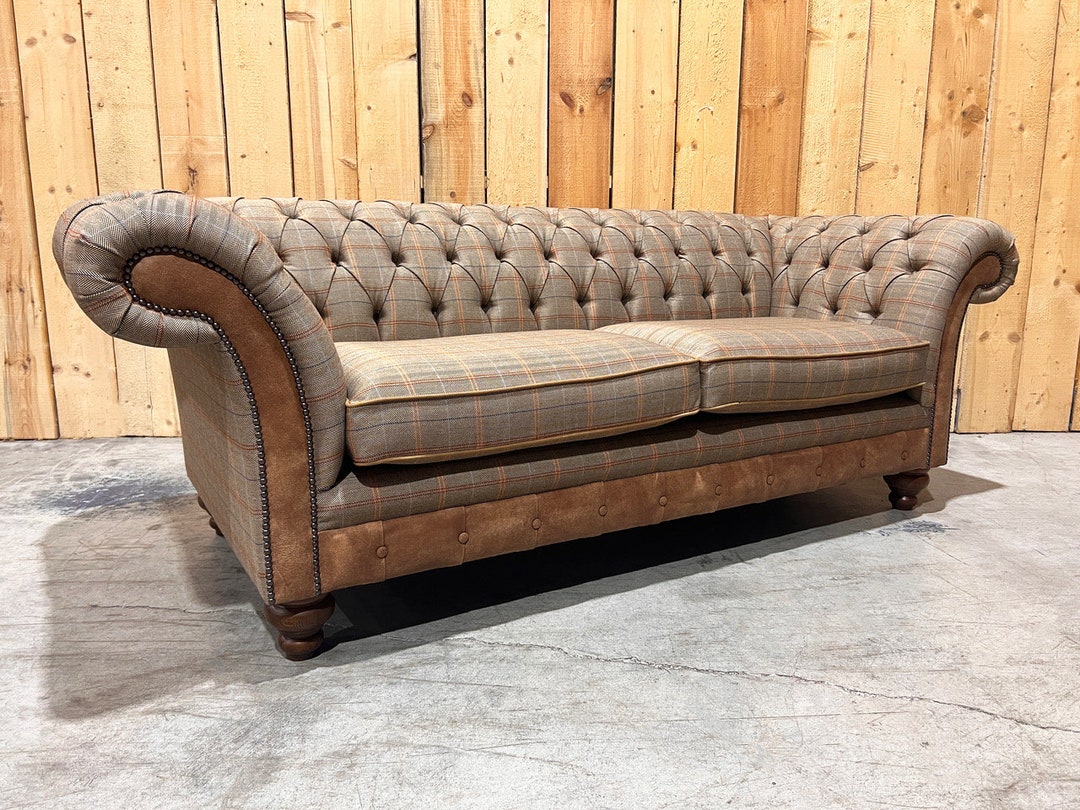 3 Seater Spruce beige Tweed Chesterfield Sofa, Distressed Brown Leather ...