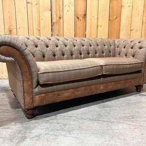 3 Seater Spruce beige Tweed Chesterfield Sofa, Distressed Brown Leather ...