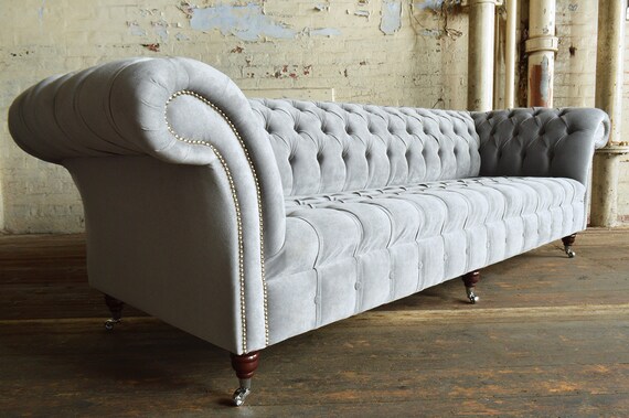 British Handmade 4 Seater Silver Grey Textured Velvet Fabric Chesterfield Sofa Couch Settee Etsy