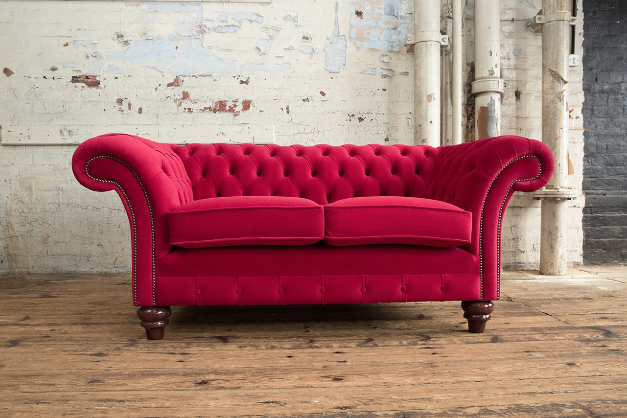 Modern British Handmade 2 Seater Red Velvet Fabric Chesterfield Sofa Etsy