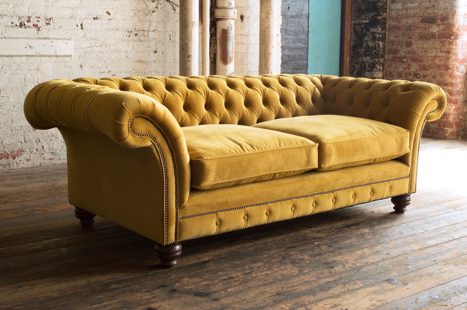 British Handmade 3 Seater Mustard Velvet Fabric Chesterfield | Etsy UK