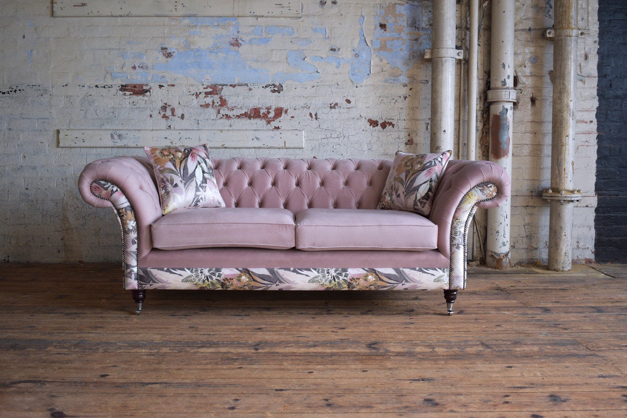 Handmade 3 Seater Dusty Pink Velvet Fabric Chesterfield Sofa Contrasting Chic Floral Patterned Etsy UK