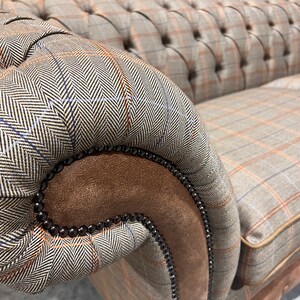 3 Seater Spruce beige Tweed Chesterfield Sofa, Distressed Brown Leather ...