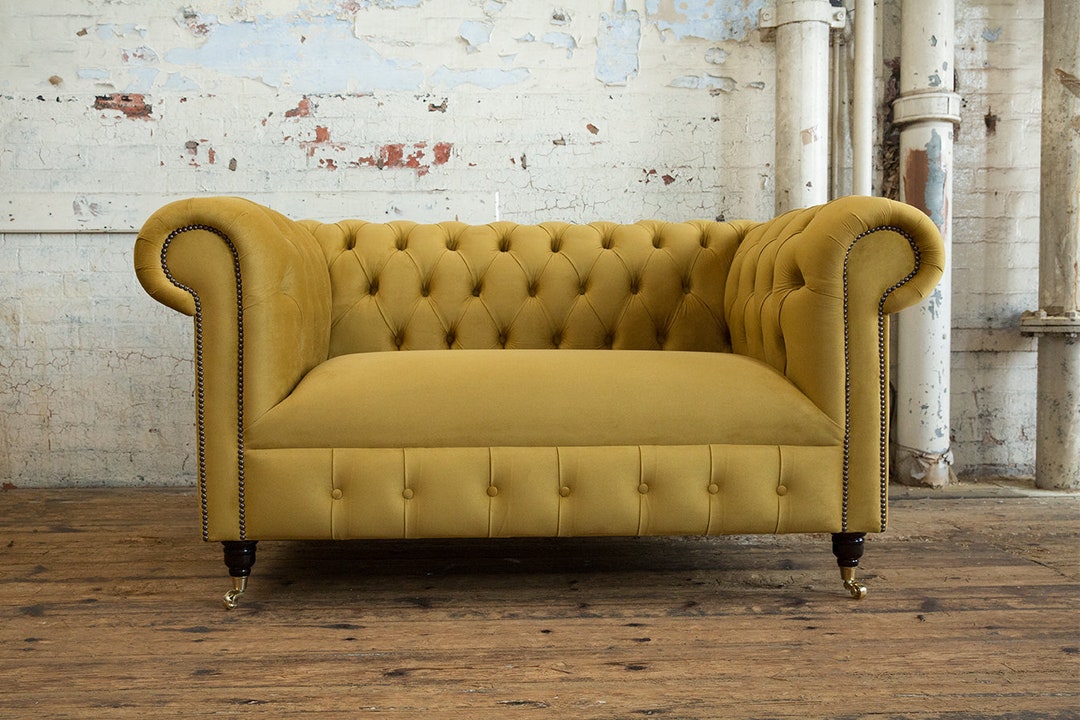 2 Seater Mustard Velvet Fabric Chesterfield Sofa British - Etsy