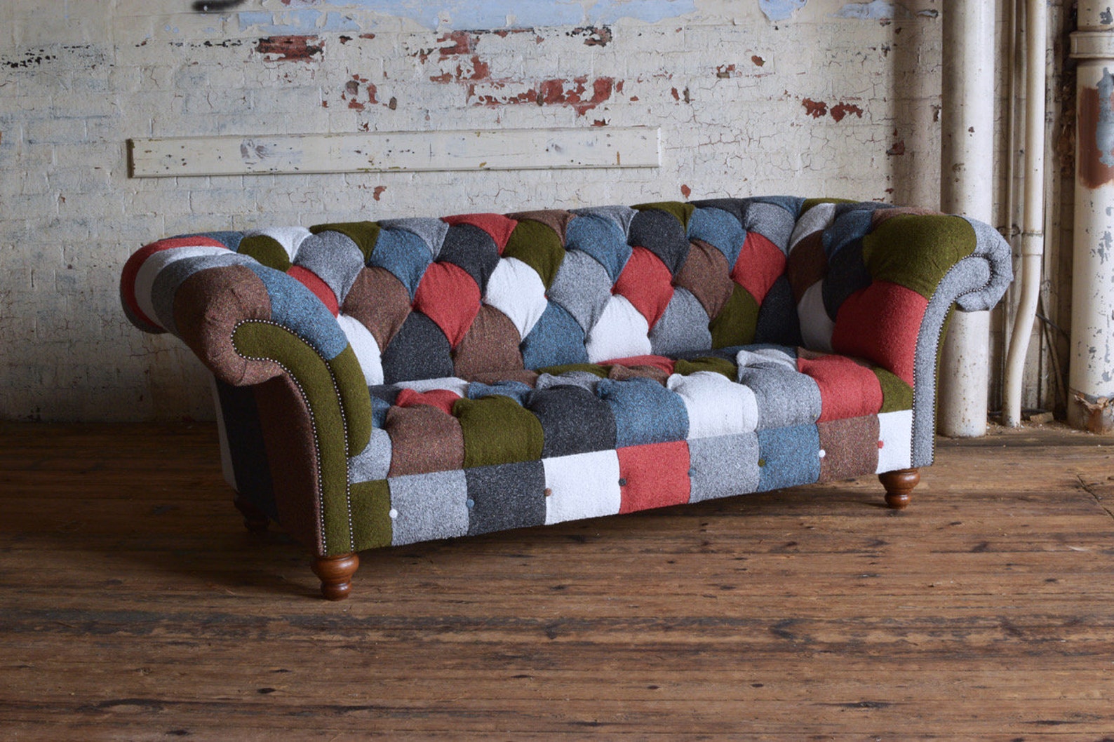 3 Seater Multi Coloured Bouclé Fabric Chesterfield Sofa, Unique British ...