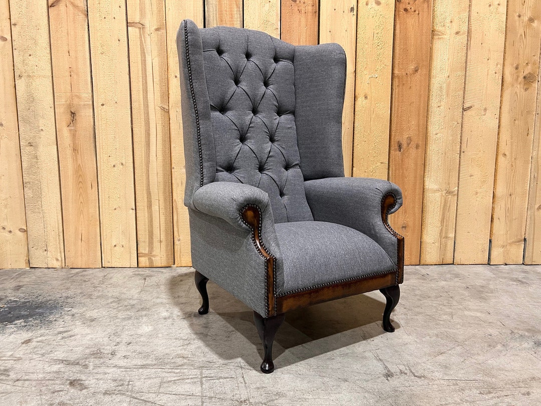 British Handmade Grey Herringbone Wool High Back Wing Chair - Etsy