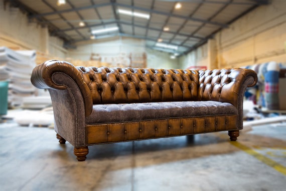 3 Seater Antique Tan Leather Chesterfield Sofa Grey Velvet British Handmade Etsy