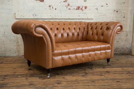 2 Seater Vintage Tan Brown Leather Chesterfield Sofa British Handmade Etsy