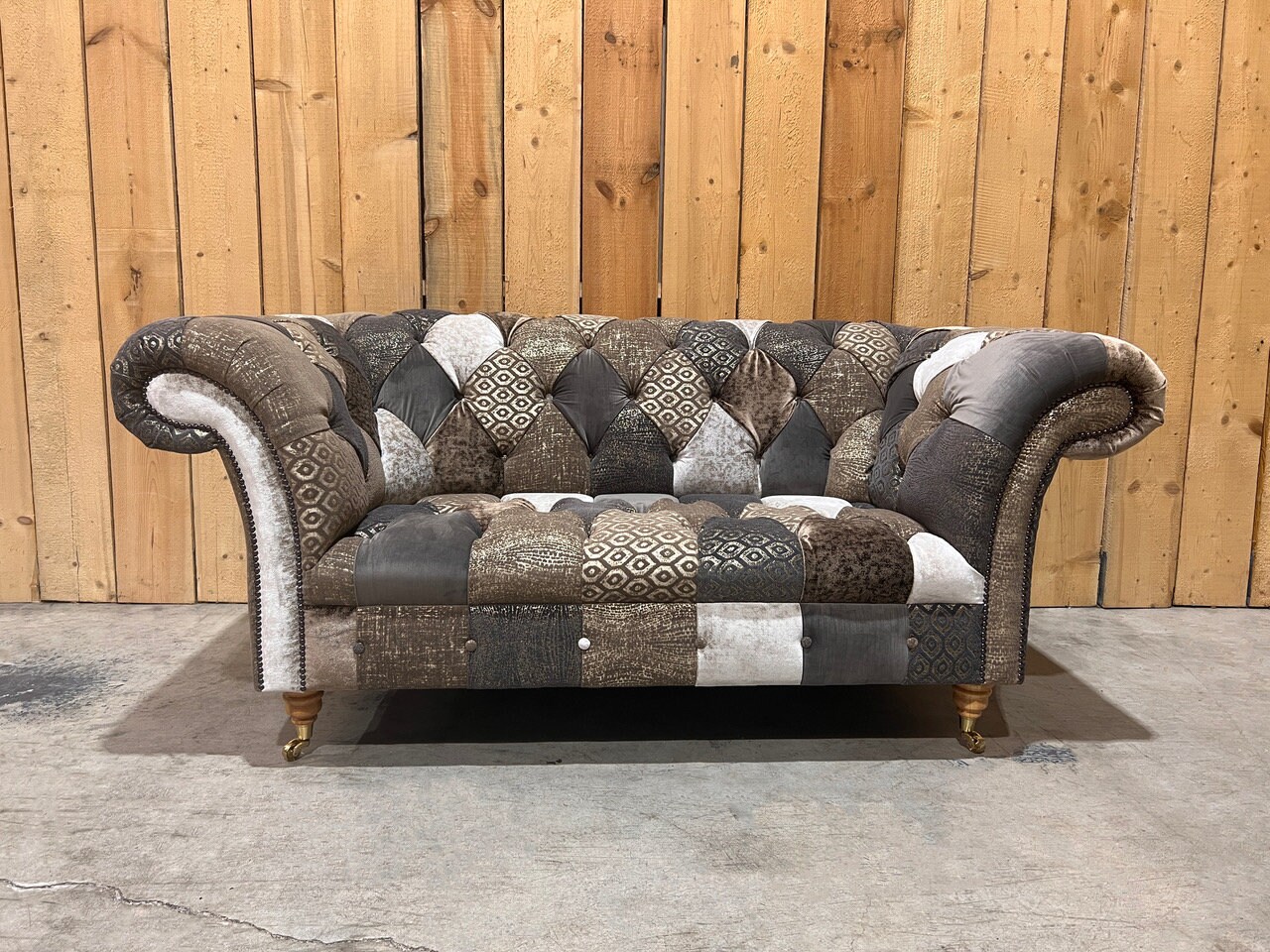 2 Seater Cream Neutral Velvet Fabric Patchwork Chesterfield Sofa Unique British Handmade Etsy