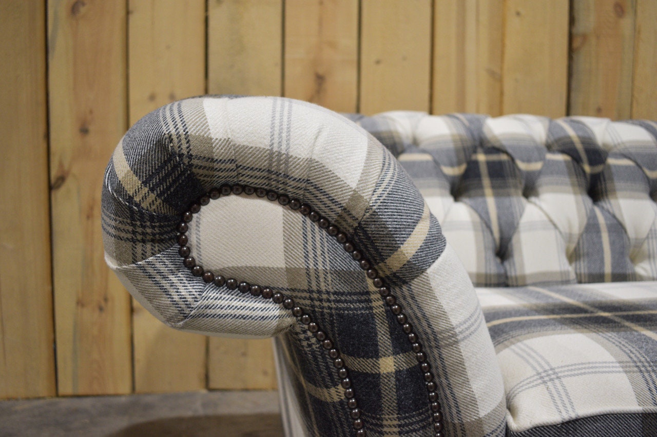 3 Seater Cream Black Tartan Check Wool Chesterfield Sofa British Handmade Etsy