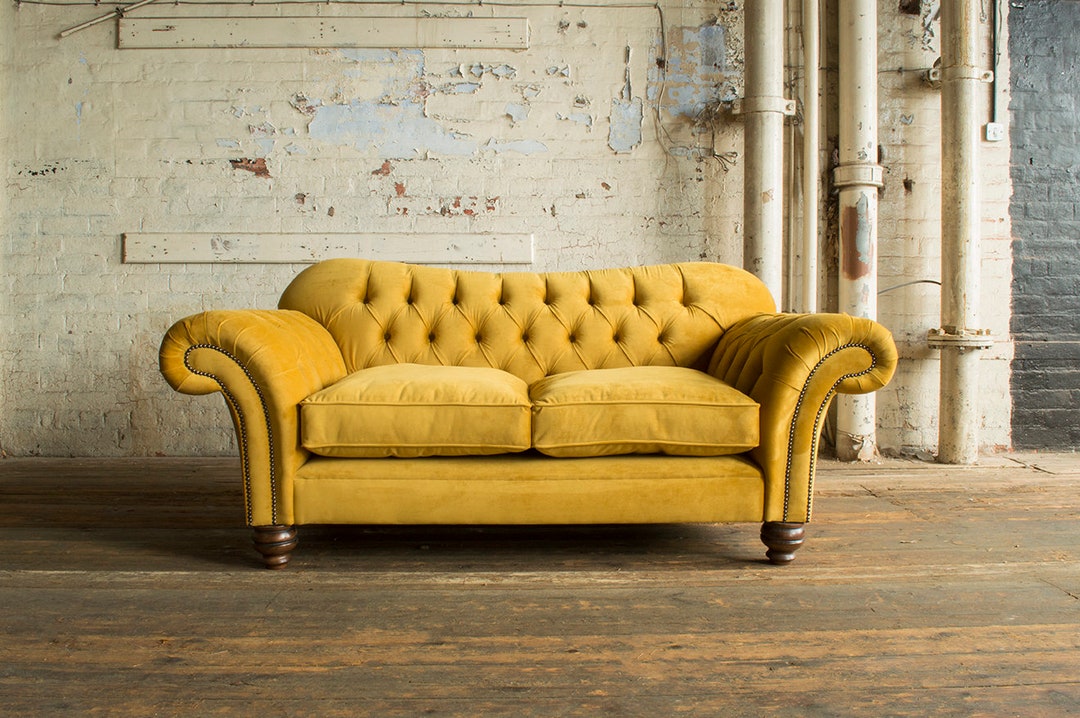 2 Seater Mustard Velvet Fabric Chesterfield Sofa British - Etsy