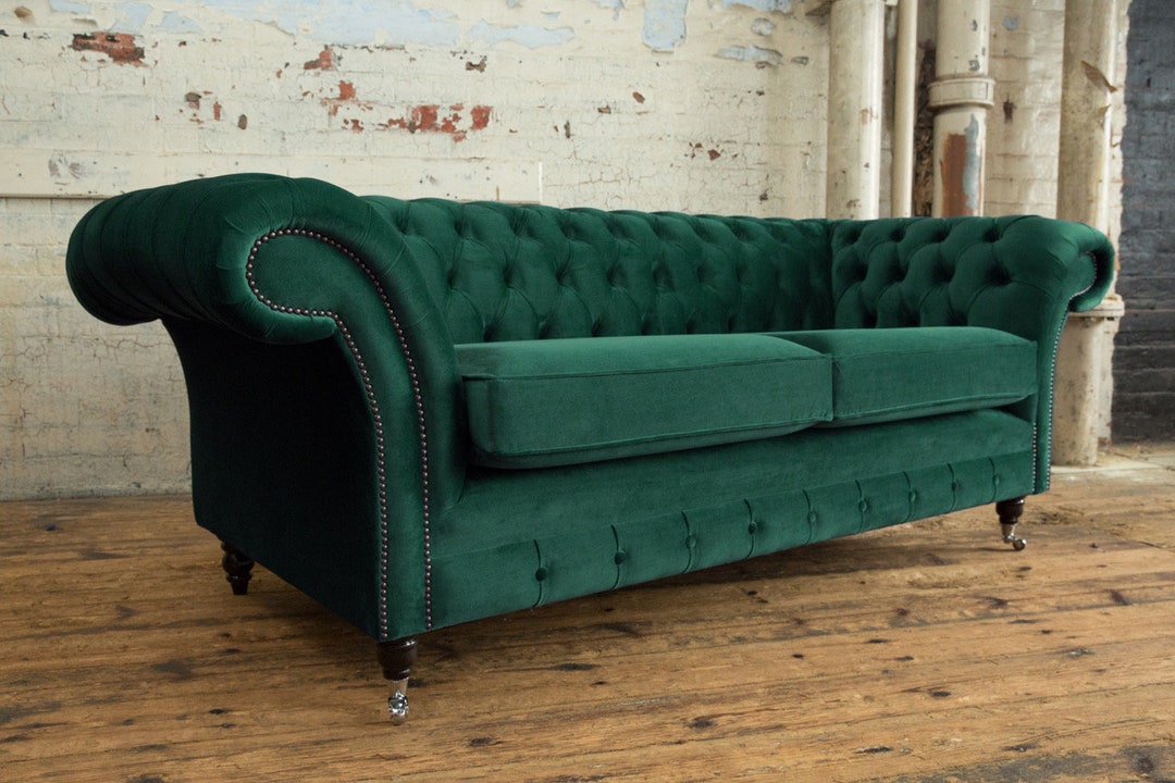 British Handmade 3 Seater Emerald Green velvet Fabric Chesterfield Sofa Etsy