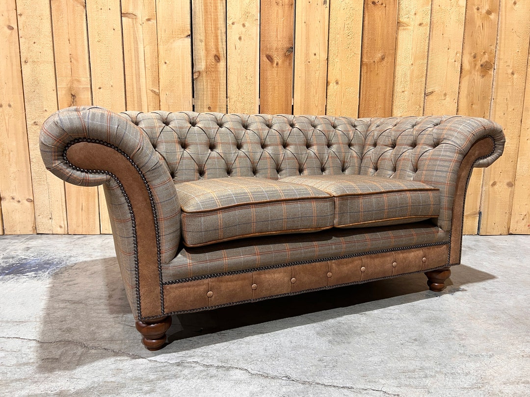 2 Seater Spruce Beige Brown Tweed Fabric Chesterfield Sofa - Distressed ...
