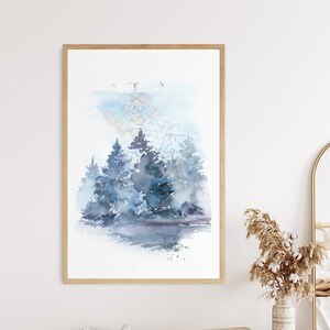 Pine Trees Painting in Blue Fine Art Print, Winter Nature Art, Winter ...