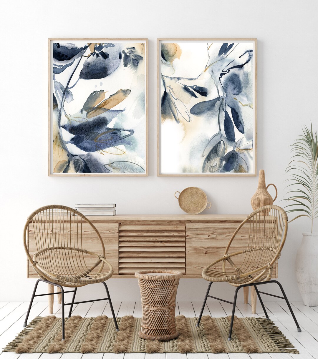 Abstract Blue Wall Prints Set of 2, Navy Blue and Beige Wall Decor, 2 ...