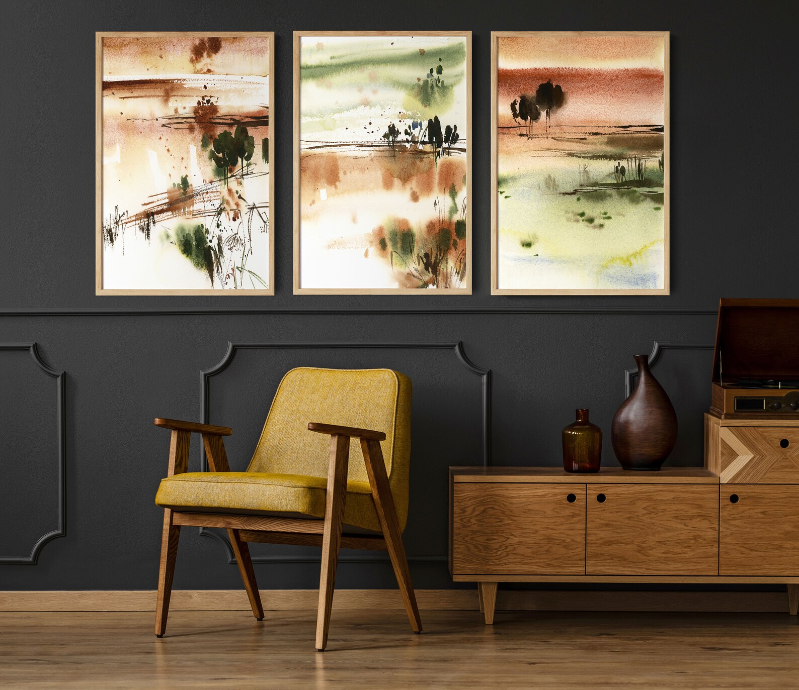 Landscapes 3 Prints Set, Abstract Nature Paintings, Watercolor Art, Set ...
