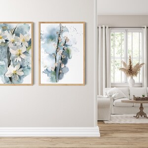 Spring Flowers Painting, 2 Wall Prints Set, Floral Aqua Blue Wall Decor ...