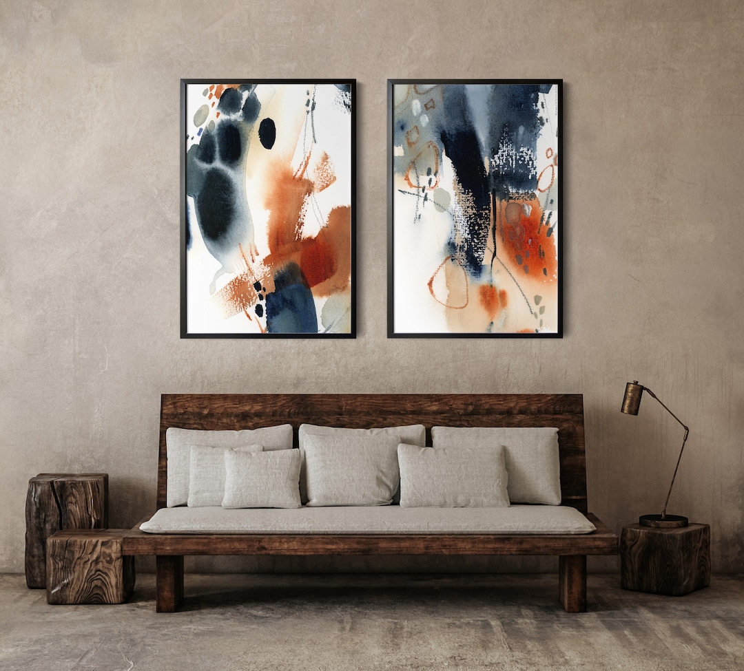 Zeitgenössische Kunst Drucke 2er Set, Abstrakte Aquarelle, Blaue und Terrakotta Aquarell ...