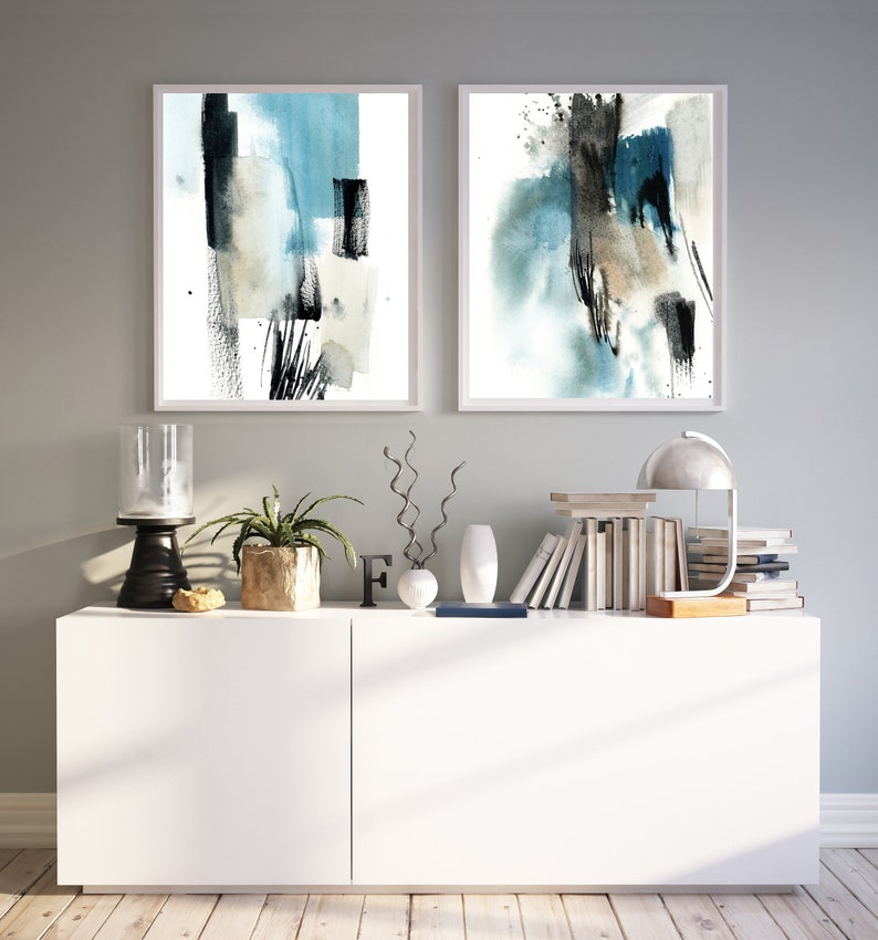 Art Prints Set of 2 Abstract Teal Gray Painting Art 2 Fine - Etsy