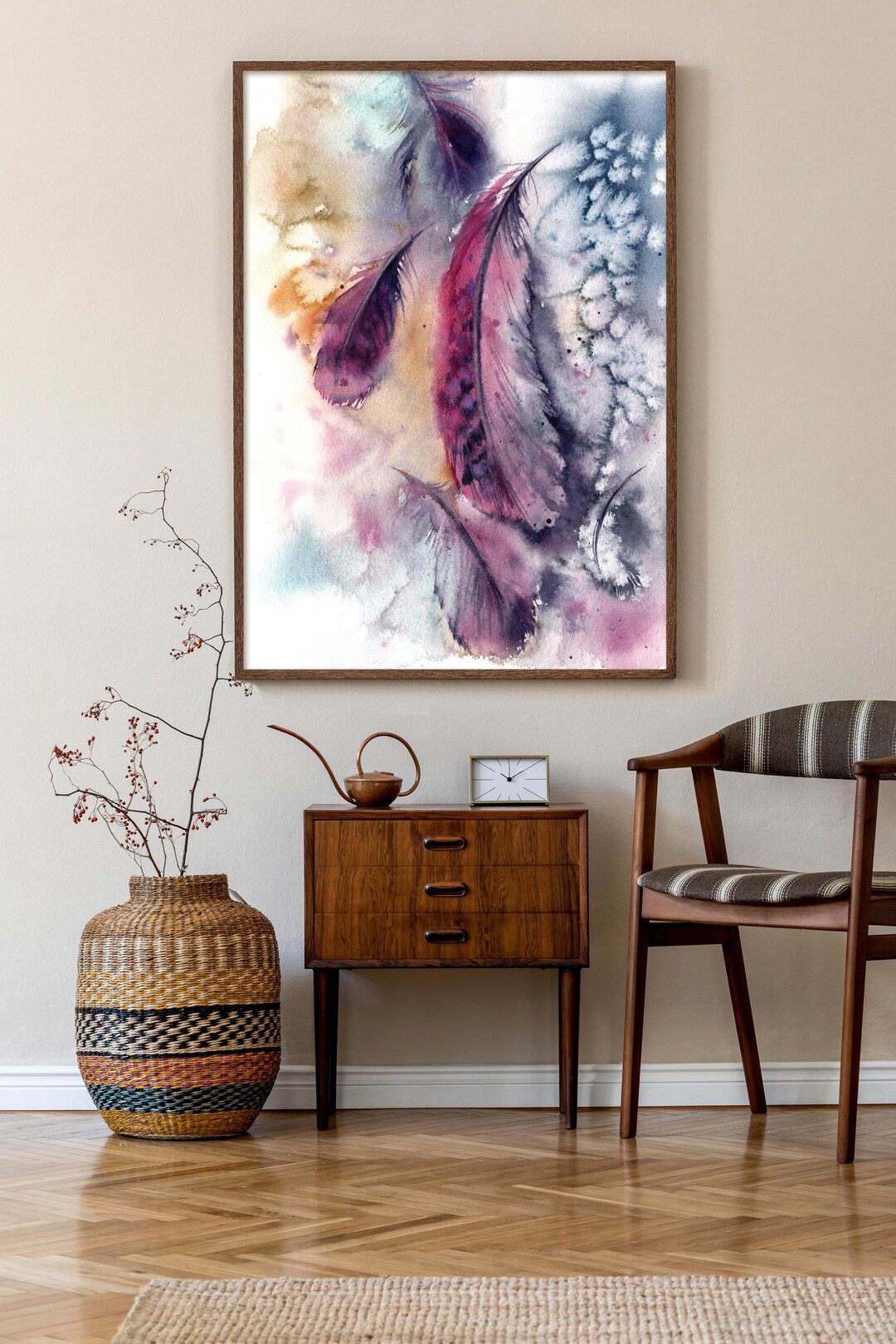 Purple Pink Feathers Print, Feathers Watercolor Painting, Whimsical ...