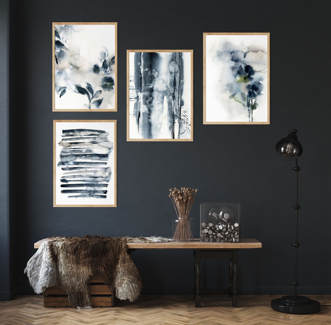 Abstract Blue Art Prints 4 Pieces Set, Abstract Botanical Watercolor ...