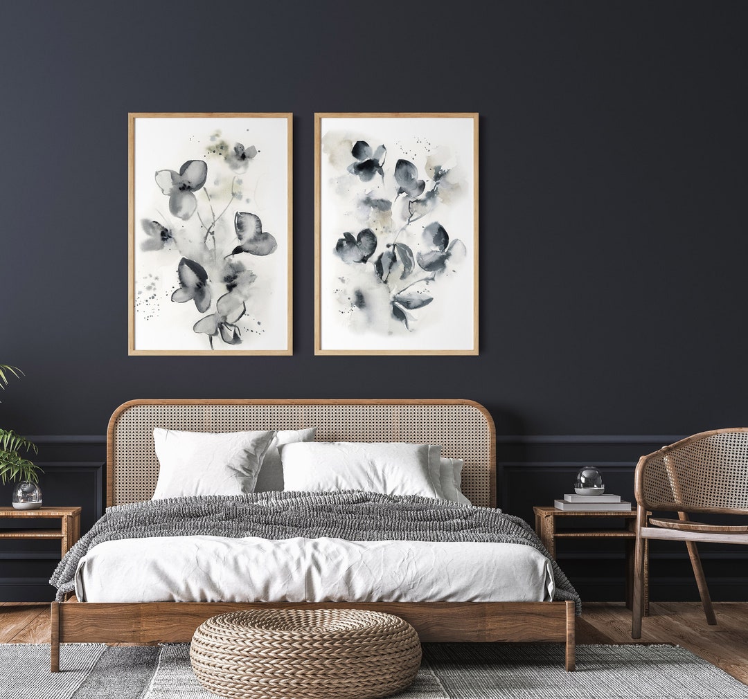 Abstrakte Drucke, Kunstdrucke 2er Set, große Kunstdrucke, Aquarell Blumen, Blau Grau Wanddekor ...