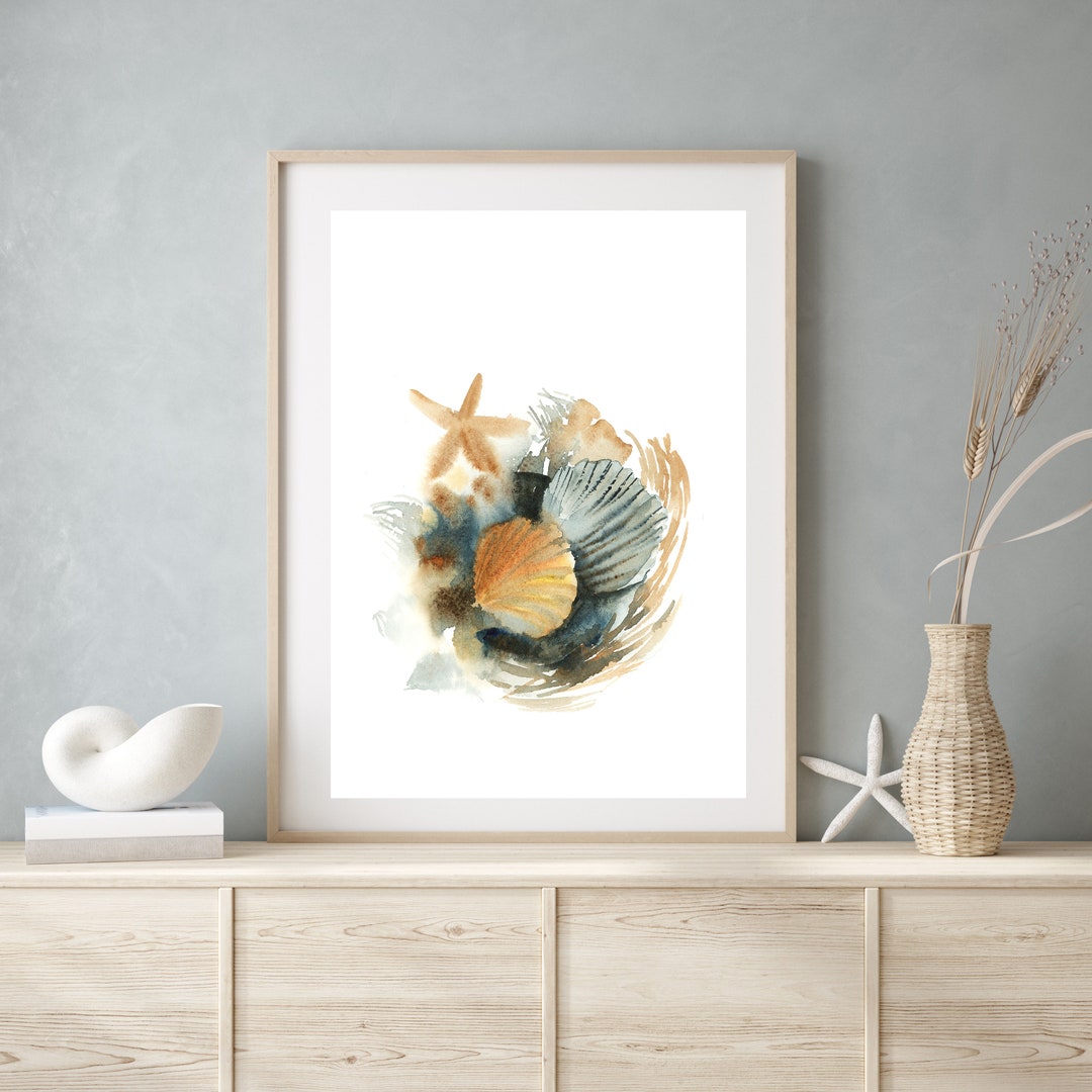 Beach Wall Print, Seashells Painting, Beach Treasures Art Print ...