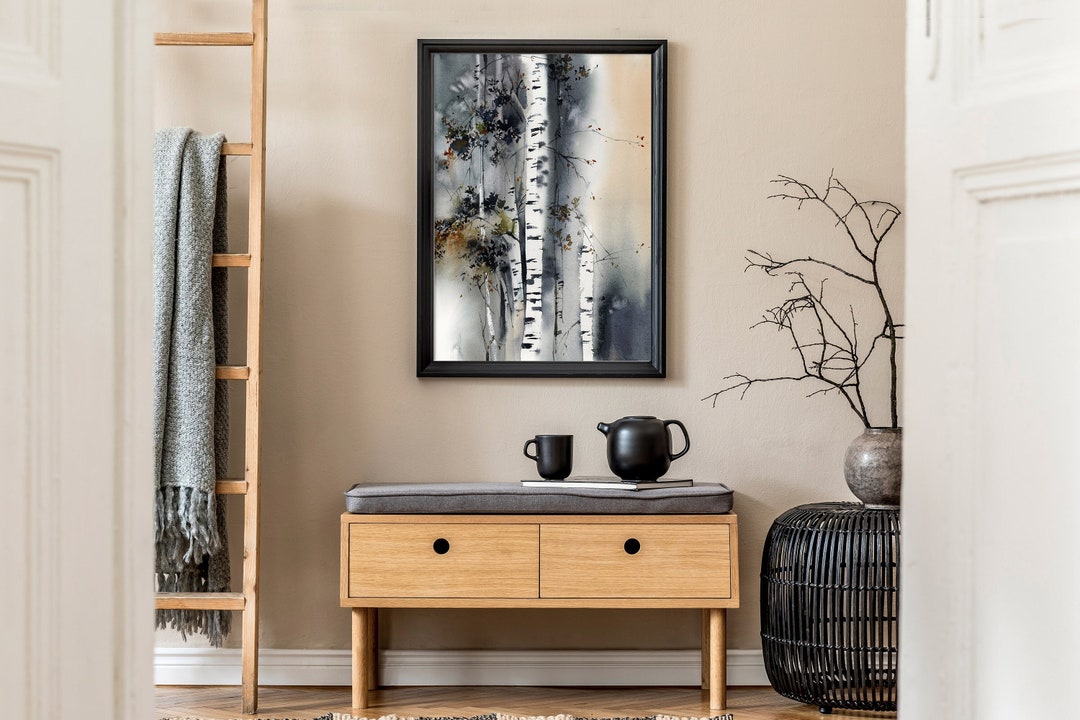 Birch Forest Painting, Foggy Forest Wall Art Print, Abstract Tree ...