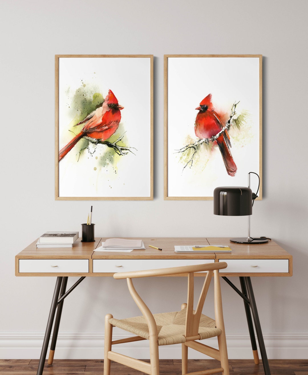 Set of 2 Cardinal Bird Watercolor Painting, Red Cardinals Wall Art ...