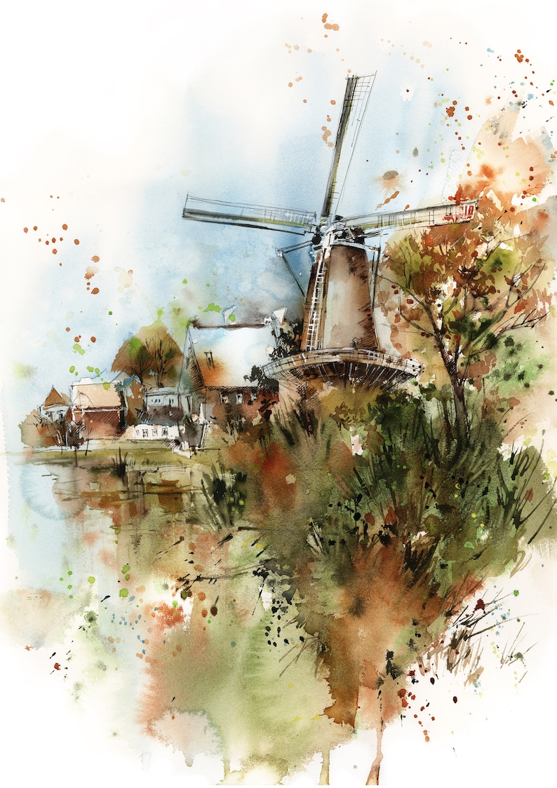 Windmill Watercolor Painting Travel Landscape Painting - Etsy