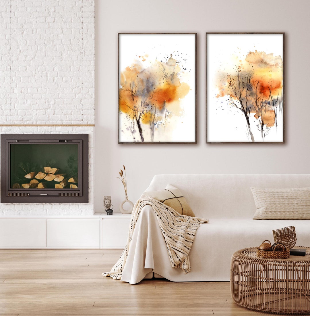 Autumnal Trees Wall Prints, Abstract Prints Set of 2 Pieces, Watercolor ...