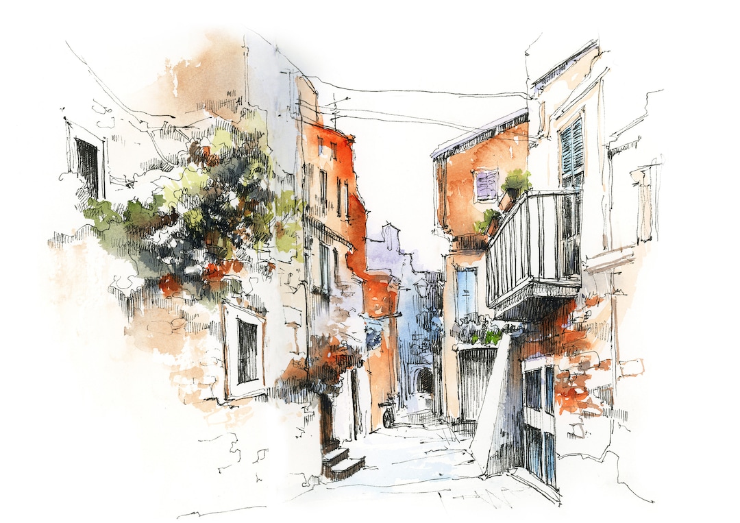Italian City Streets Urban Sketching Art, Cityscape Fine Art Print, Old ...