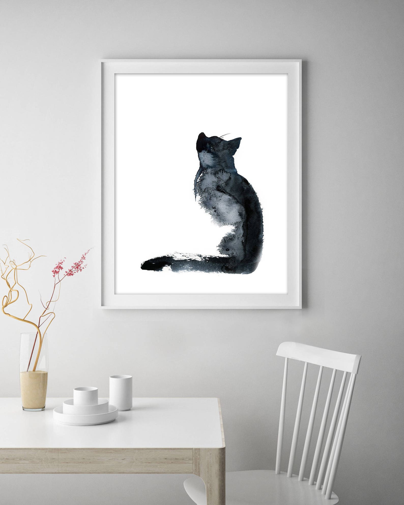 Cat Painting Black and White Fine Art Print Cat Watercolor | Etsy
